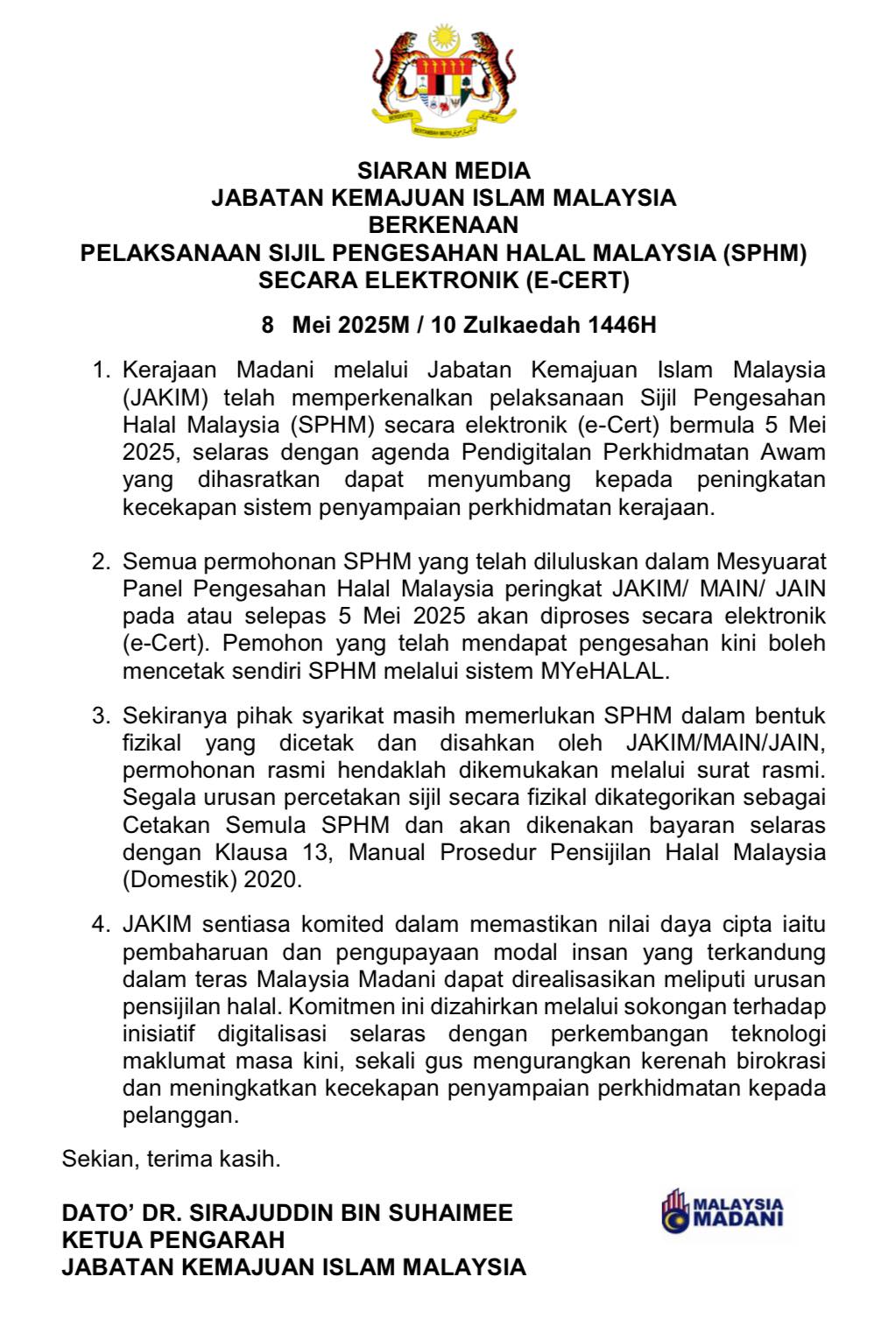 JAKIM Perkenalkan Sijil Pengesahan Halal Malaysia (SPHM) Secara ...